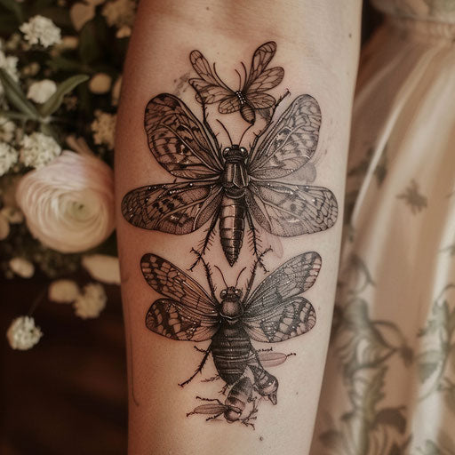 Couple tattoo showcasing metamorphosis with detailed insect designs ...