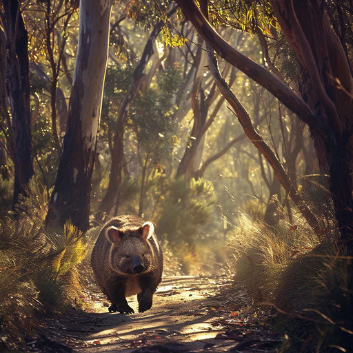 Wombat walking along a trail with dappled sunlight through trees – IMAGELLA