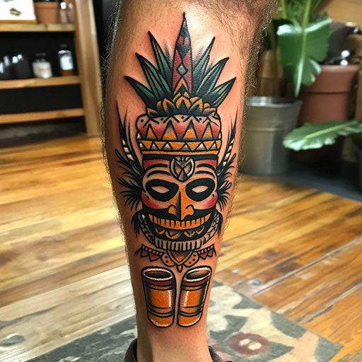 Tattoos and booze with a tribal mask and shot glasses on the calf ...