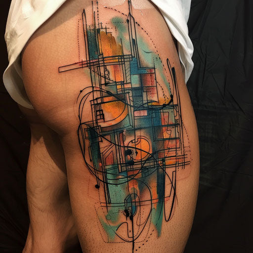 Abstract watercolor thigh tattoo in the style of Guy Aitchison – IMAGELLA