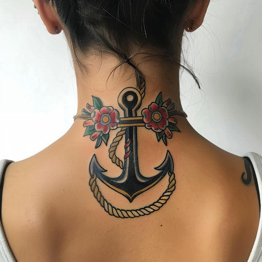 Neck tattoos for women in the style of Sailor Jerry with anchor and ...
