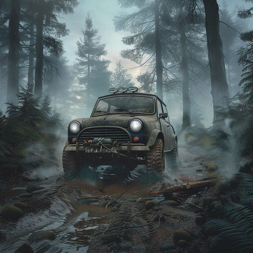 Off-road 1980 Mini Cooper conquering rugged misty forest – IMAGELLA