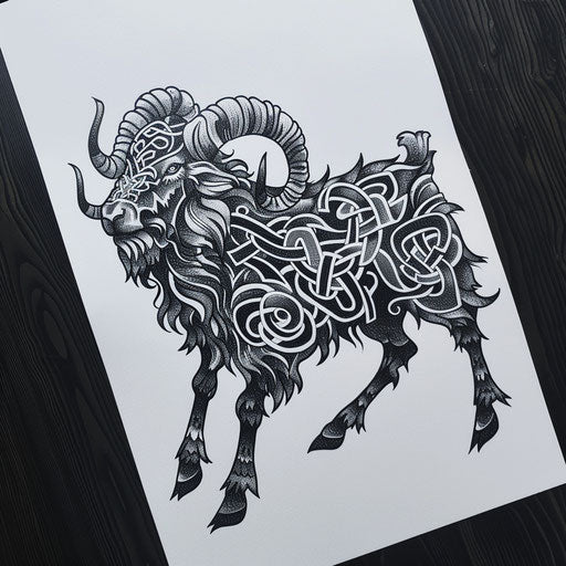 Sketch of a fierce black sheep with Celtic knot patterns – IMAGELLA