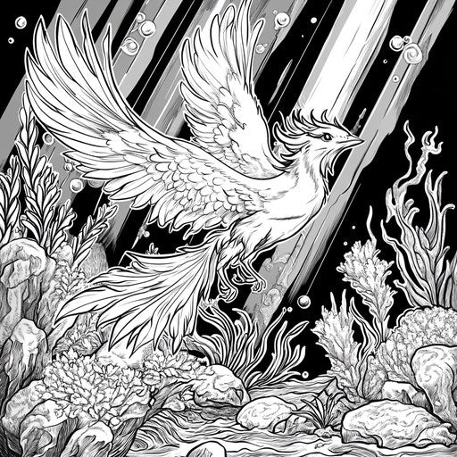 Whimsical underwater scene with a phoenix in the style of Jen Bartel ...