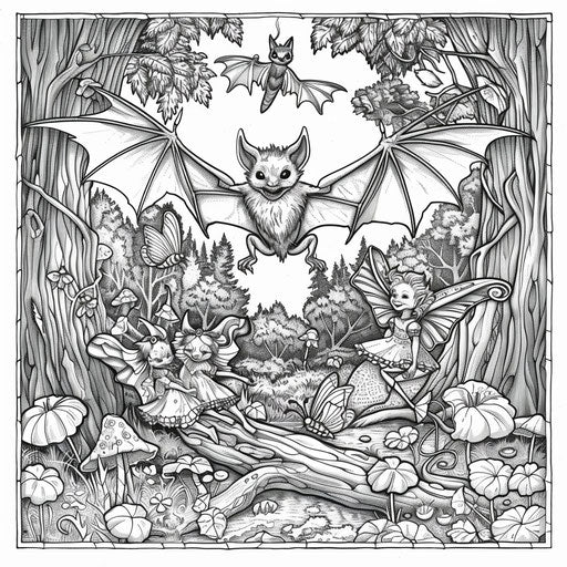 Whimsical bat playing with fairies in enchanted forest. – IMAGELLA