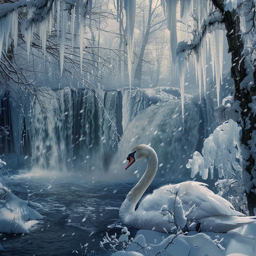 Swan resting by frozen waterfall in snowy forest – IMAGELLA