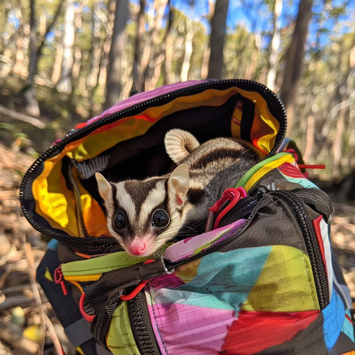 A curious sugar glider peeking out of a colorful knapsack during a ...