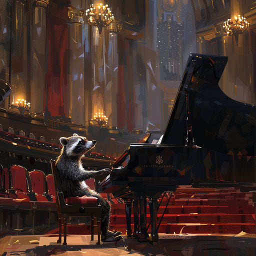 A raccoon musician performing in a grand concert hall – IMAGELLA
