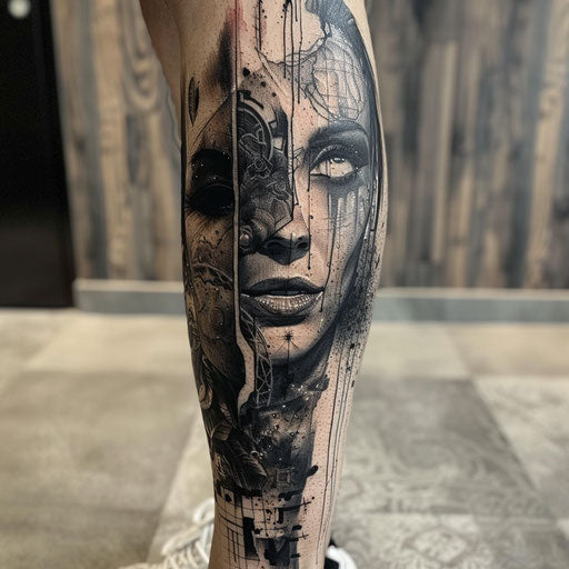 Dark and gritty leg sleeve tattoo with symbolic imagery – IMAGELLA