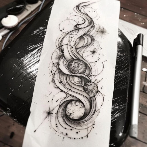 Cosmic ribbon tattoo sketch with swirling galaxies and cosmic dust ...
