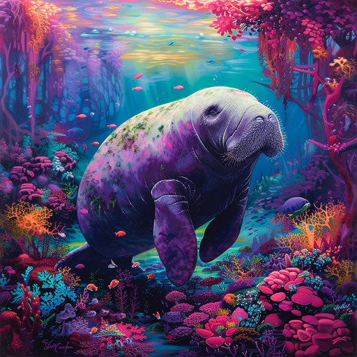 Manatee in a lush underwater landscape, vivid and colorful, in the ...