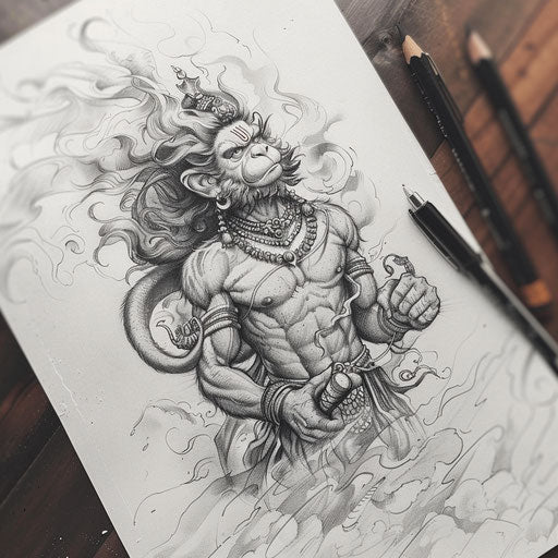 Stylized flat tattoo sketch of Hanuman with wind-blown hair and ...