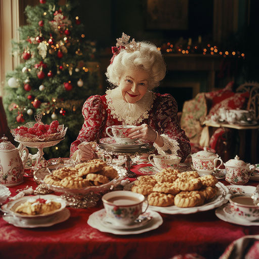 An elegant Mrs. Claus hosts a Christmas tea with mince pies – IMAGELLA