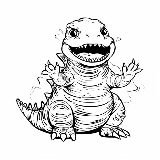 Smiling chibi Godzilla waving. Coloring book page – IMAGELLA