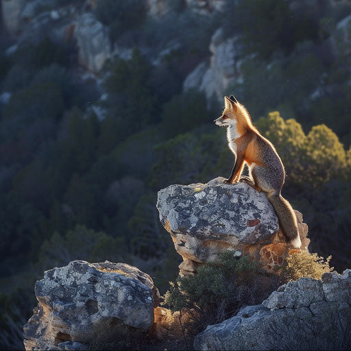 White tail fox perched on rocky outcrop, surveying valley – IMAGELLA