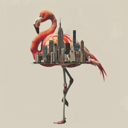 Flamingo balancing cityscape on one leg – IMAGELLA