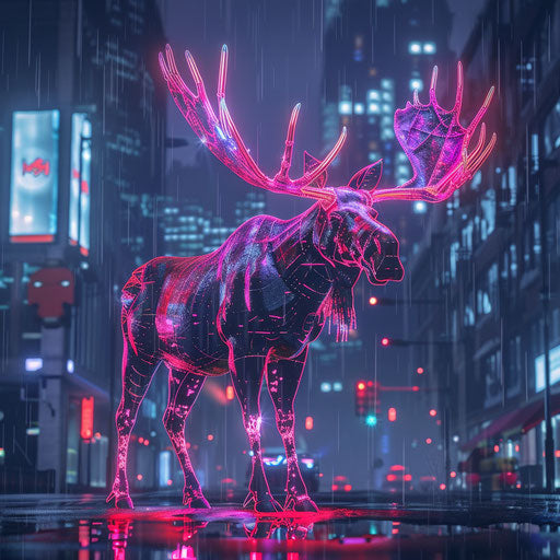 Neon-lit moose in a futuristic cityscape at night – IMAGELLA