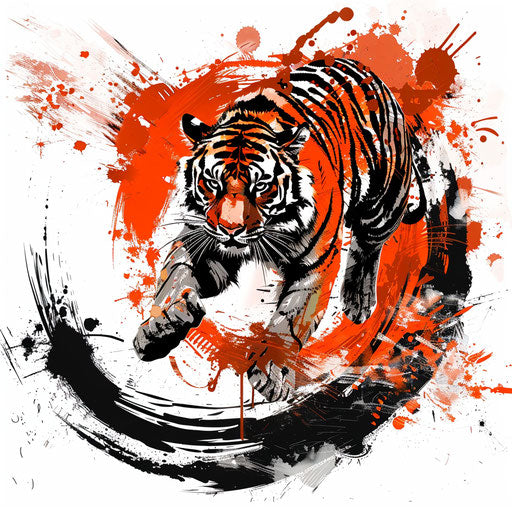 Sketch of leaping tiger tattoo, bold orange and black strokes – IMAGELLA