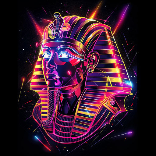 Flat sketch of a pharaoh with futuristic neon lines and metallic ...