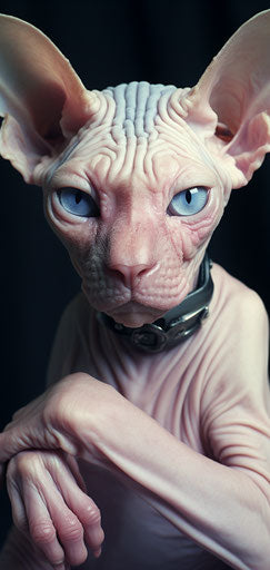 The sphynx assassin, blue-eyed, in ripped style, dry wit humor, light ...