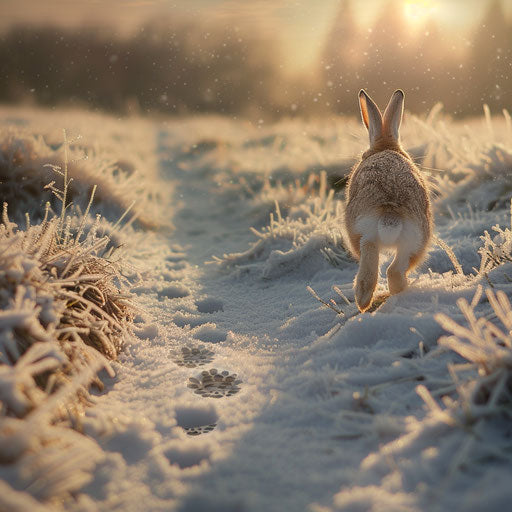 Frosty morning, visible breath, white tail rabbit leaves delicate ...
