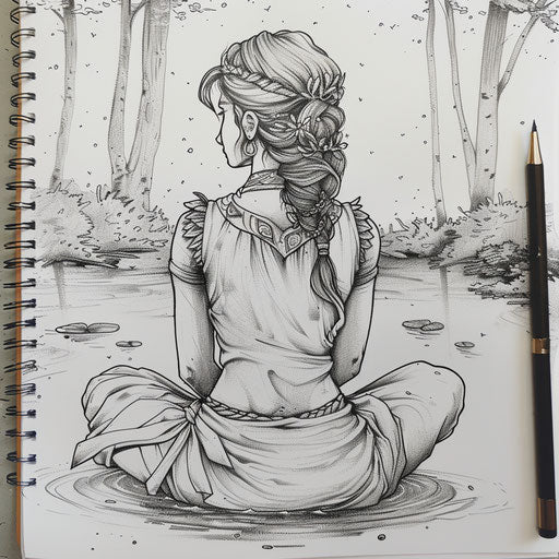 Peaceful flat tattoo sketch of Artemis by a still forest pool – IMAGELLA