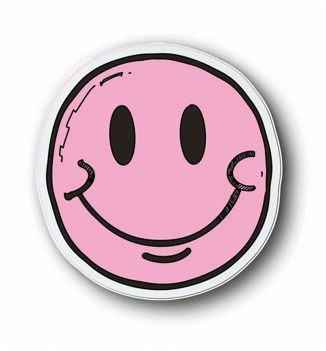 Pink smiley face sticker with black outlines, simple vector graphic ...