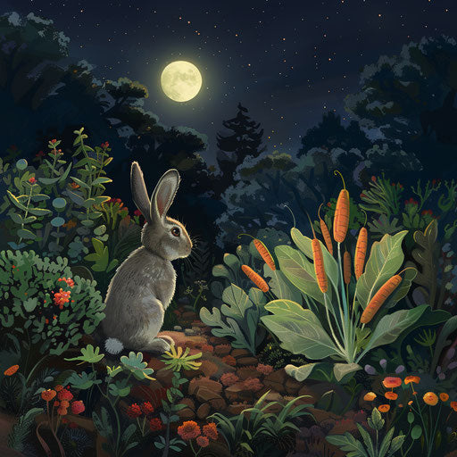 A rabbit discovering a hidden garden filled with succulent carrots ...