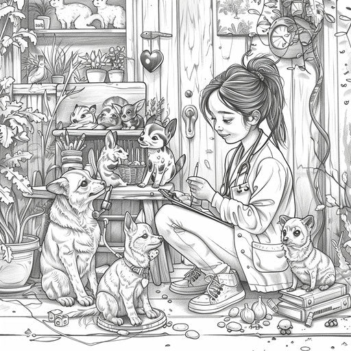 Playful scene with a veterinarian and animals in the style of Teagan ...