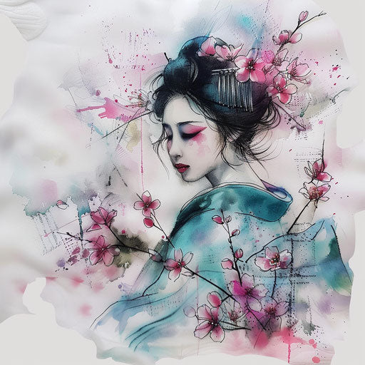 Watercolor painting of a geisha tattoo, soft pastel colors, subtle ...