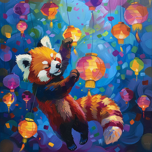 Vibrant painting of a red panda dancing in a festival with colorful ...