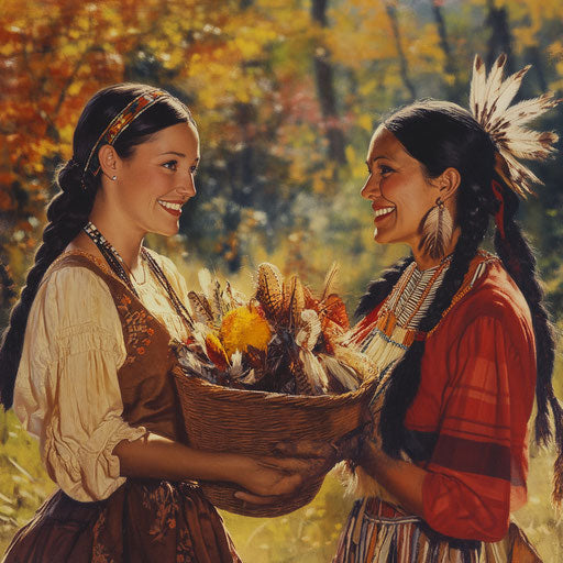 Pilgrim woman offering handmade basket to smiling Native American ...
