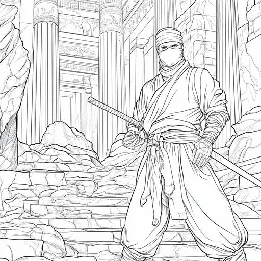 Ninja in an ancient temple, Ruben Ireland style, coloring book page ...