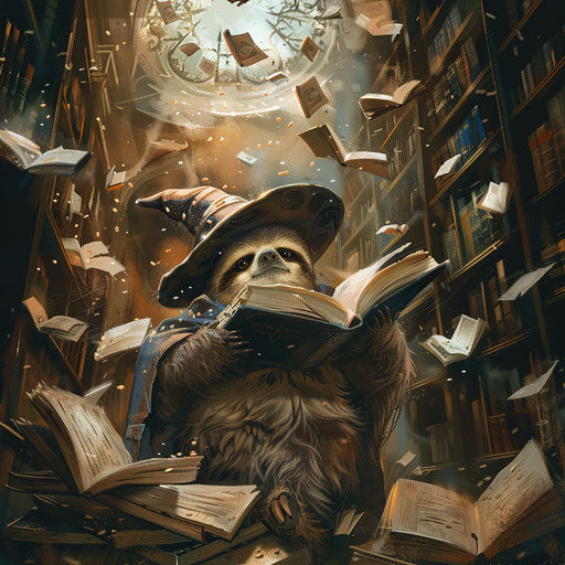 A sloth in a wizard's hat casts spells in an enchanted library full of ...