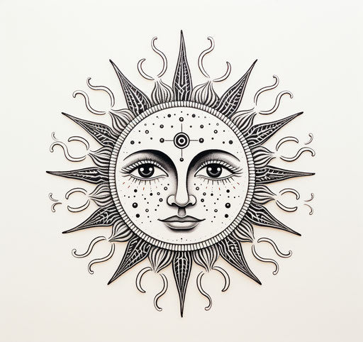 The sun in an ink style drawing, lunarpunk, delicate linework, serene ...