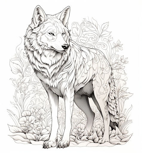 Black and white wolf coloring isolated, kilian eng style, dark maroon and light beige, energetic ...