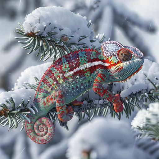 Chameleon on a snow-covered pine branch in a winter landscape – IMAGELLA