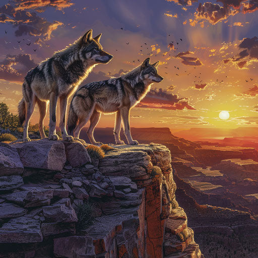 Two wolves overlooking untouched valley at sunset – IMAGELLA