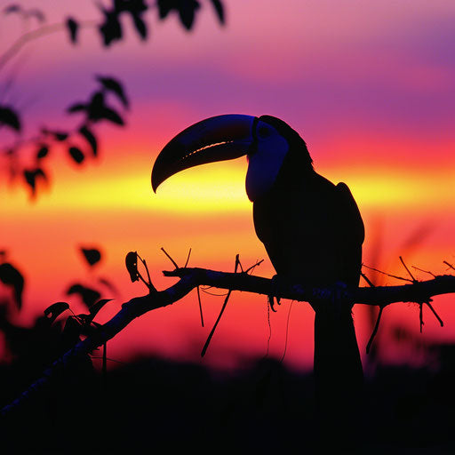 Toucan silhouette in colorful sunset, serene on branch – IMAGELLA
