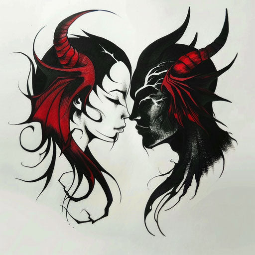 Intriguing flat tattoo sketch of devil whispering into angel's ear ...