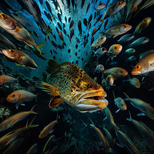 A Warsaw grouper amidst a school of baitfish, creating a dynamic and ...