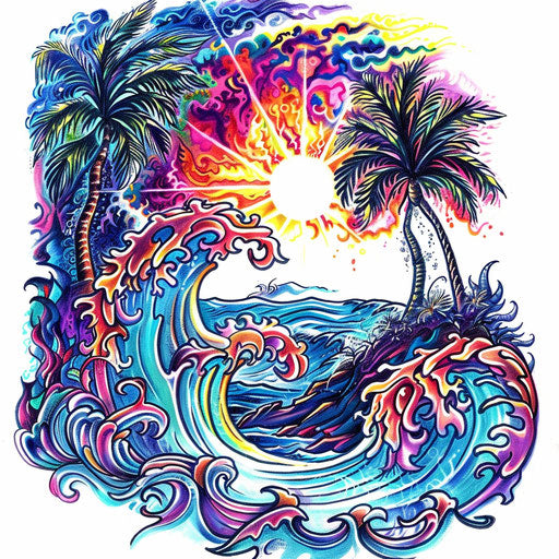 Vibrant, psychedelic beach tattoo design with swirling colors, palm ...