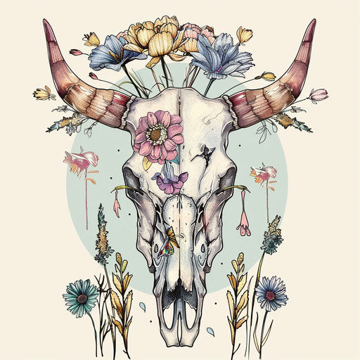 Rustic cow skull tattoo sketch with wildflowers and soft pastel shades ...