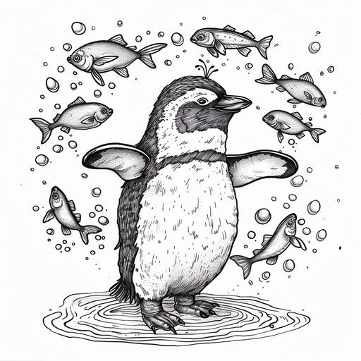 Penguin juggling fish while balancing on one foot – IMAGELLA