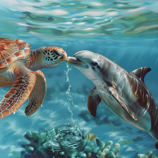 Tender moment between a turtle and a curious dolphin – IMAGELLA