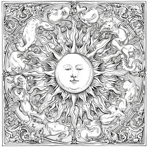Detailed sun surrounded by mythological creatures, Gennady Spirin style ...