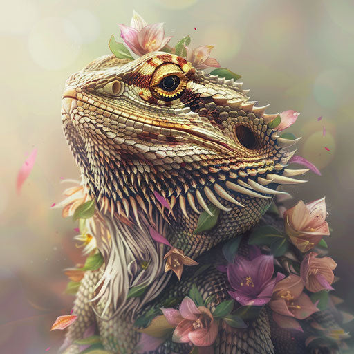 Bearded dragon adorned with flower petals, rugged and gentle fusion ...