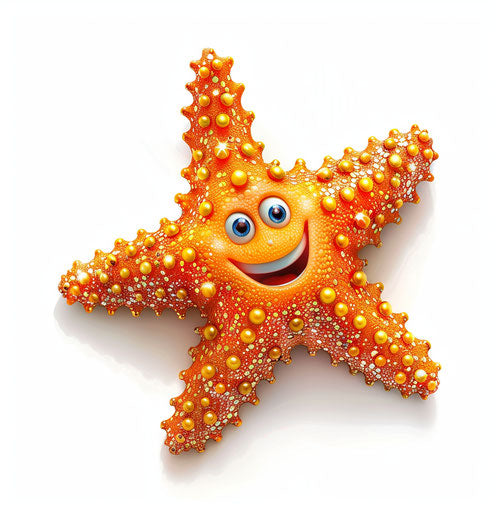 Smiley orange starfish on white background, glittery and shiny style ...