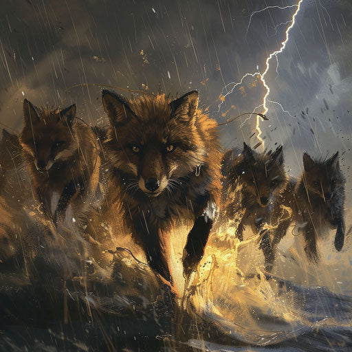 Fierce fox leading a pack in thunderous storm – IMAGELLA