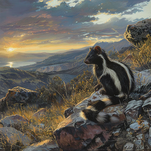 Eastern spotted skunk basking in the last rays of sunlight on a rocky ...